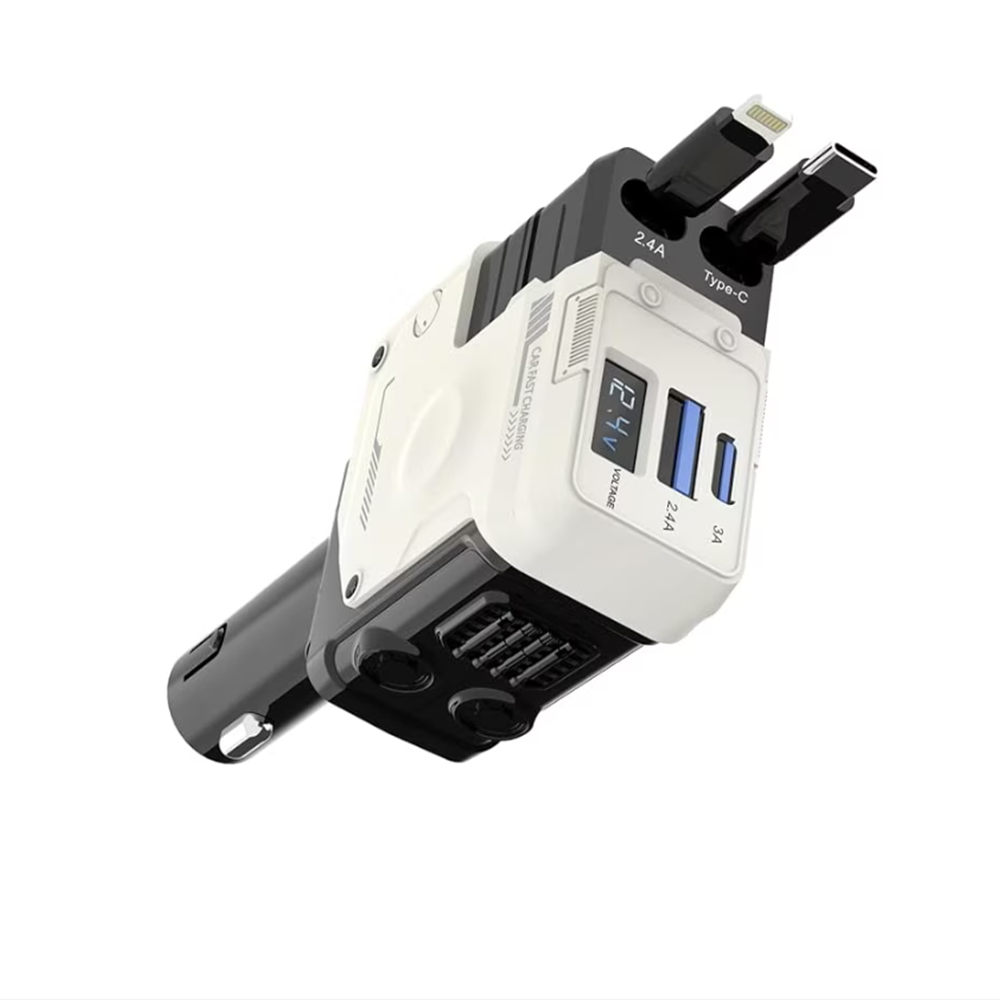 Univerzális autós gyorstöltő 66W – 4 az 1-ben töltő, kihúzható kábelek ...